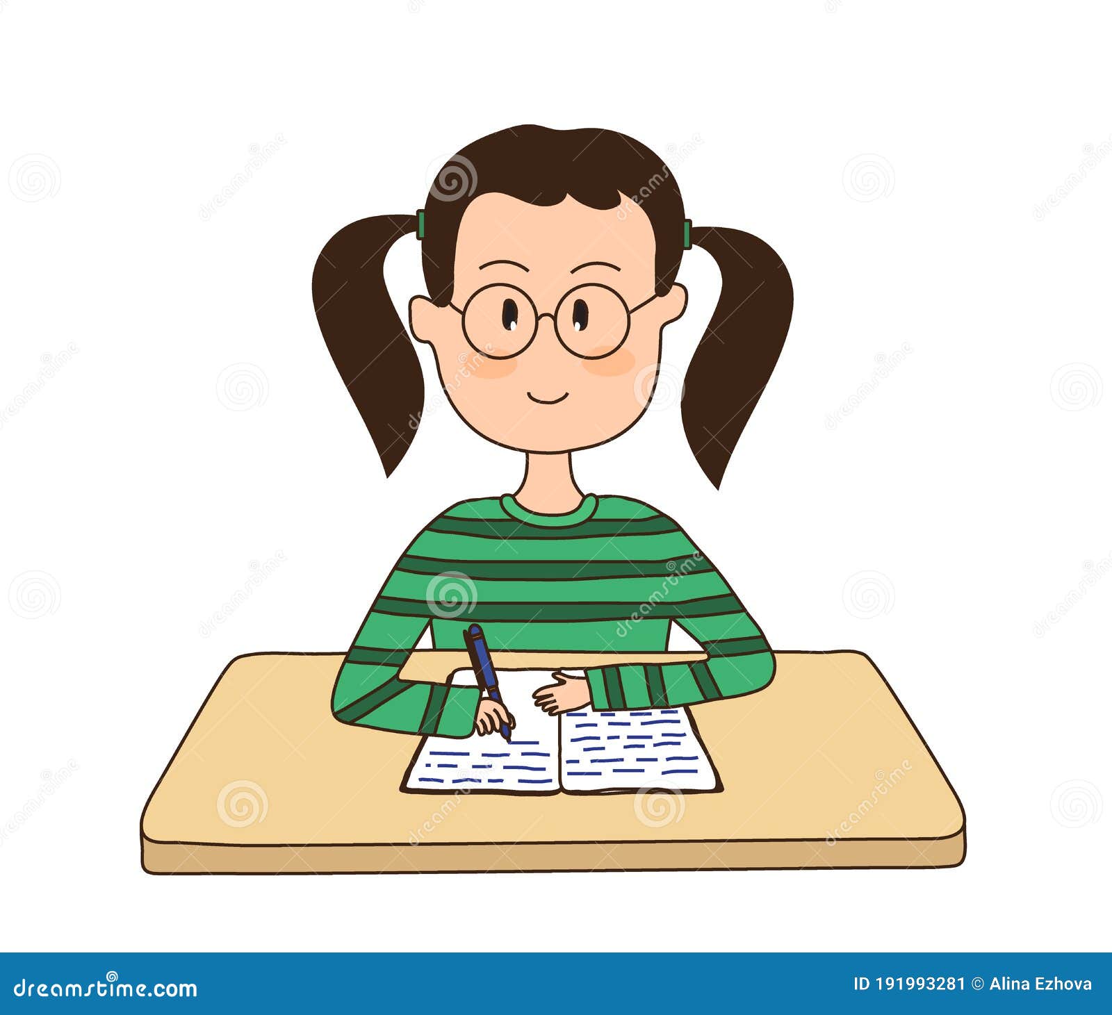 The Girl Sits at the Table and Writes in a Notebook. Stock Vector ...