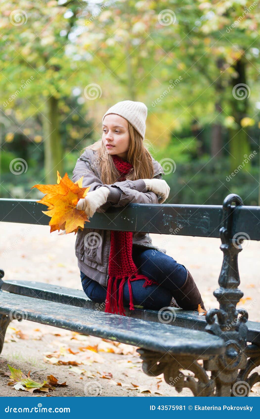 Girl Sitting Alone on the Bench on a Fall Day Stock Image - Image of ...