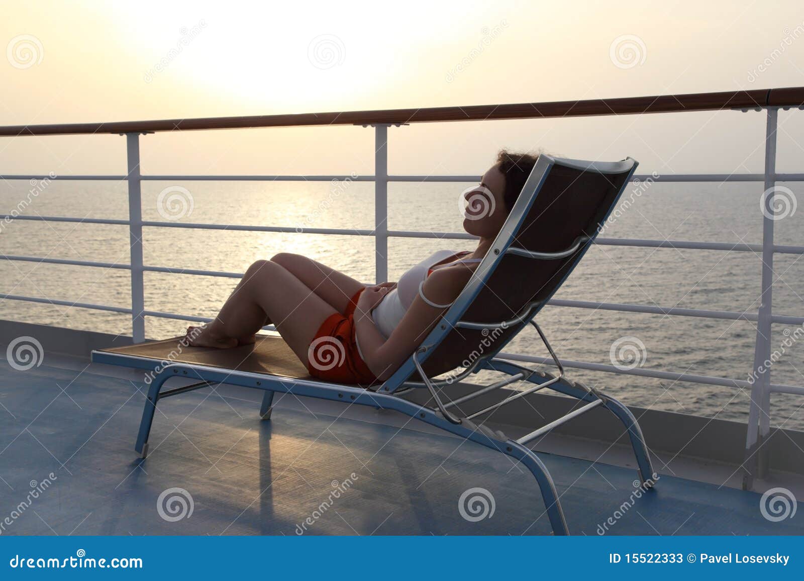 Girl Sitting on Beach Chair at Ship Deck Stock Image - Image of cloud ...