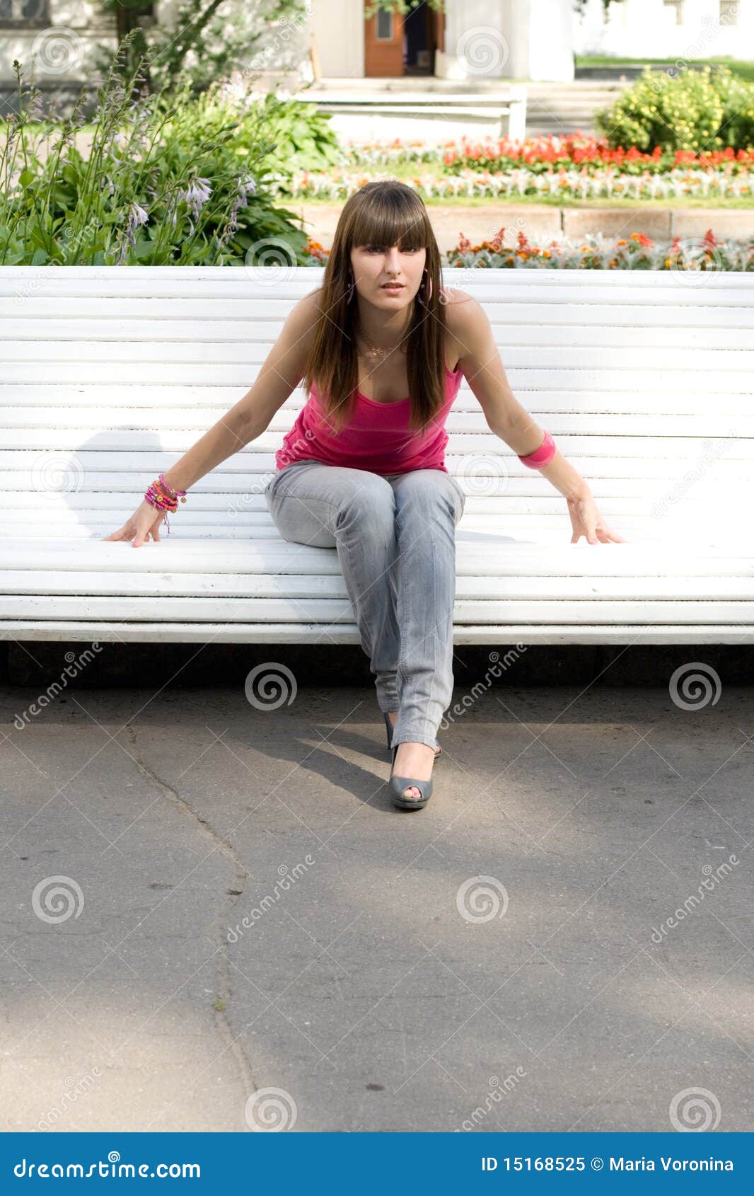 Girl sitting on bench stock image. Image of full, joyful - 15168525