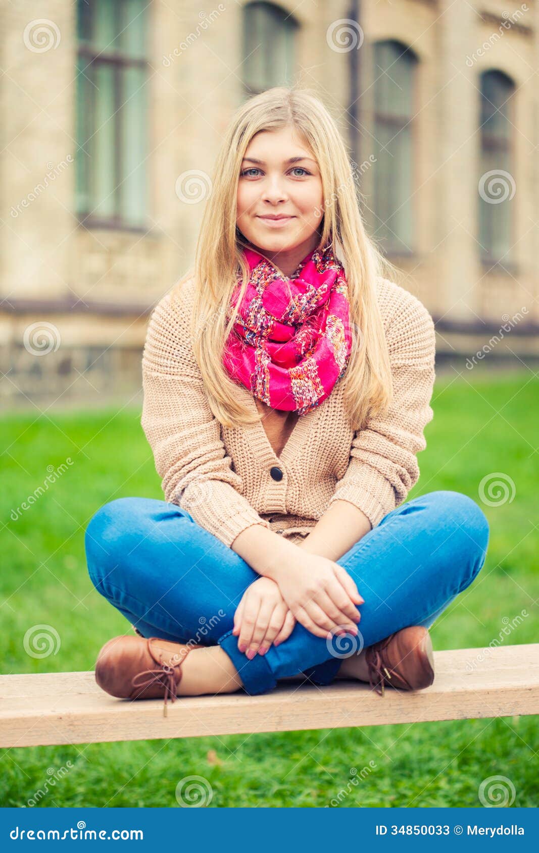 Girl sitting on bench stock image. Image of beautiful - 34850033