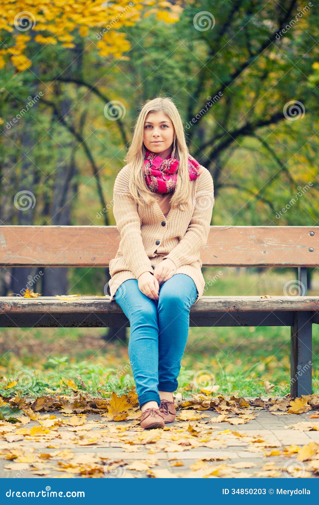 Girl sitting on bench stock image. Image of clouds, blond - 34850203