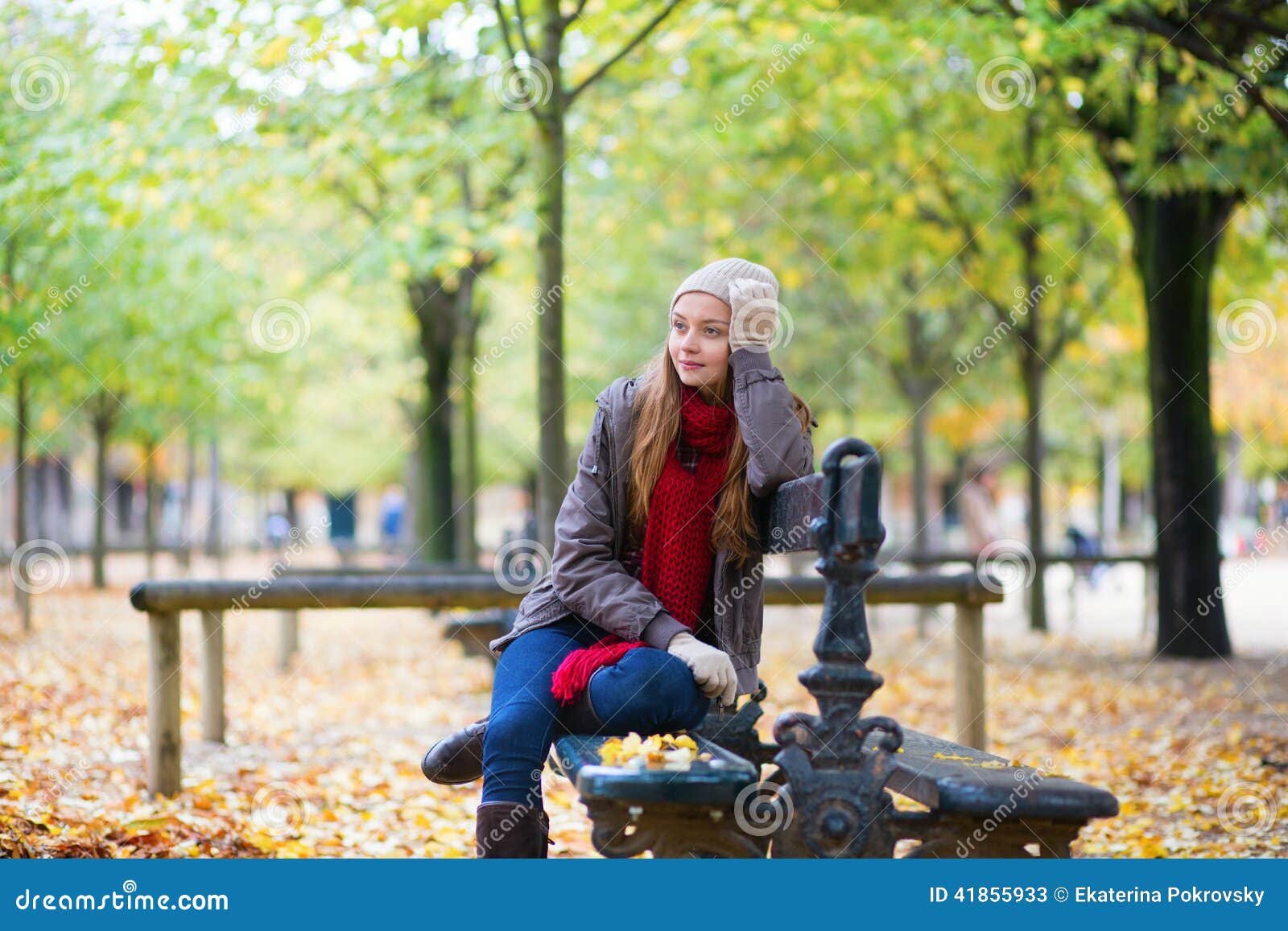 Girl Sitting on a Bench in Park on a Fall Day Stock Image - Image of ...
