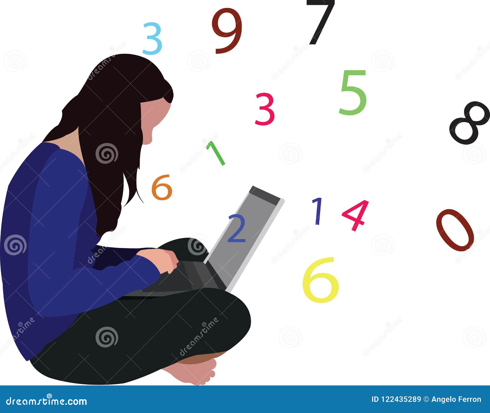 Girl Sitting with Computer Studies Makes Calculations and Statistics ...