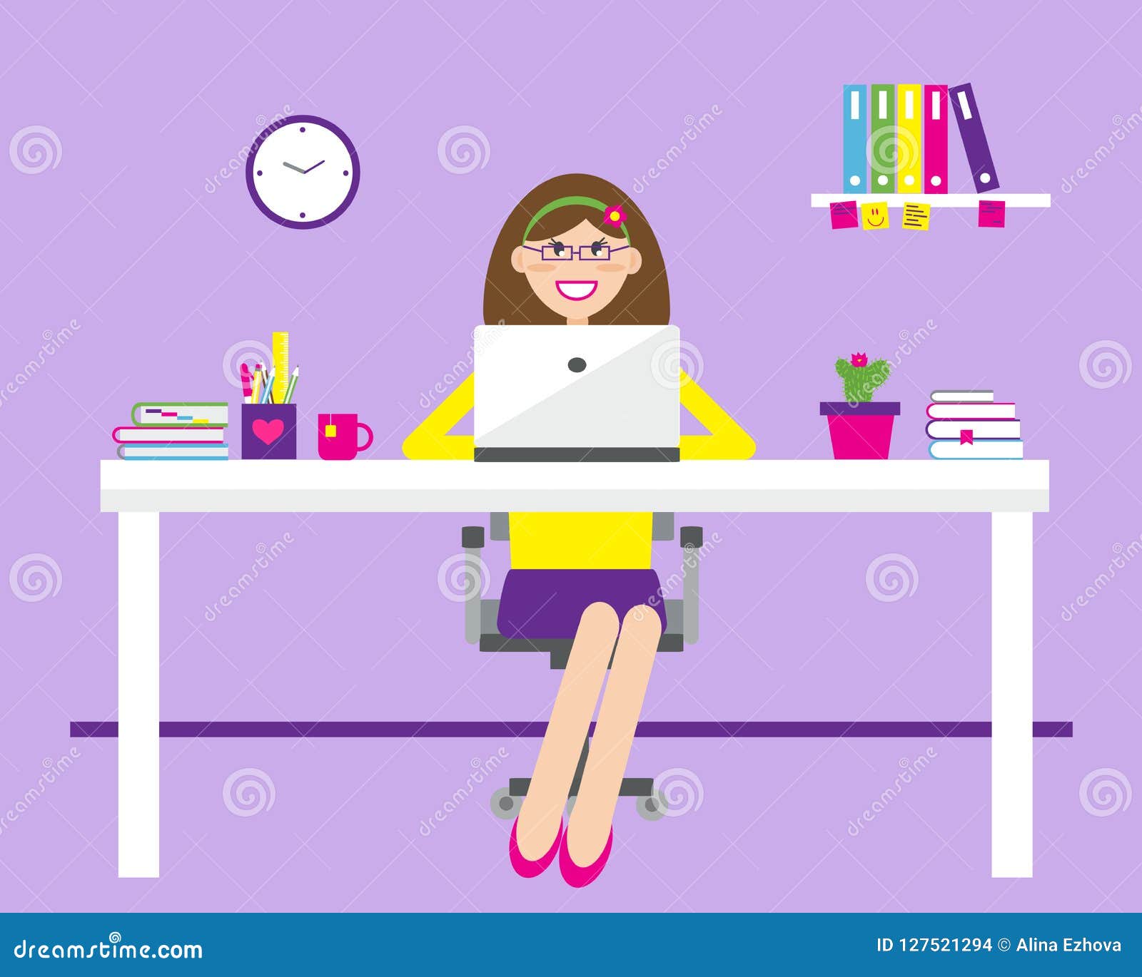 The Girl is Sitting at the Computer. Vector Illustration Stock Vector ...