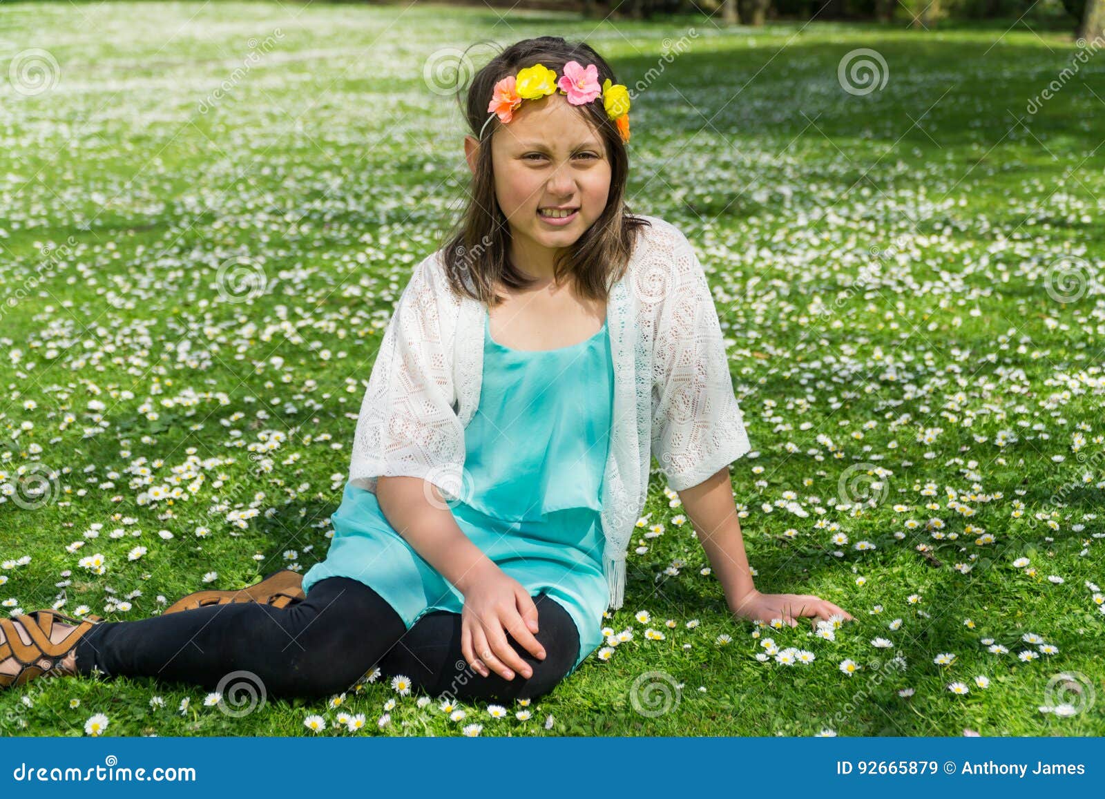 Girl Sitting in a Daisy Field in a Park Stock Image - Image of daisy ...