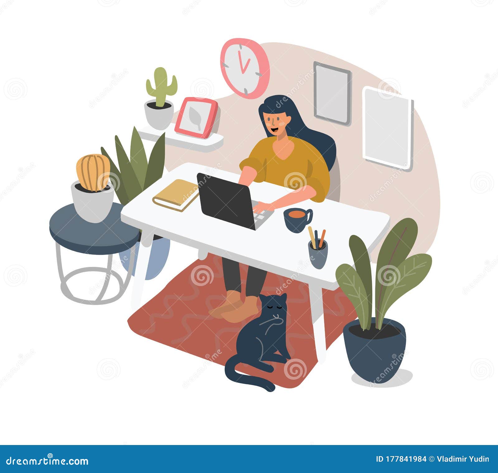 Girl Sitting at Home with Laptop and Working Stock Vector ...