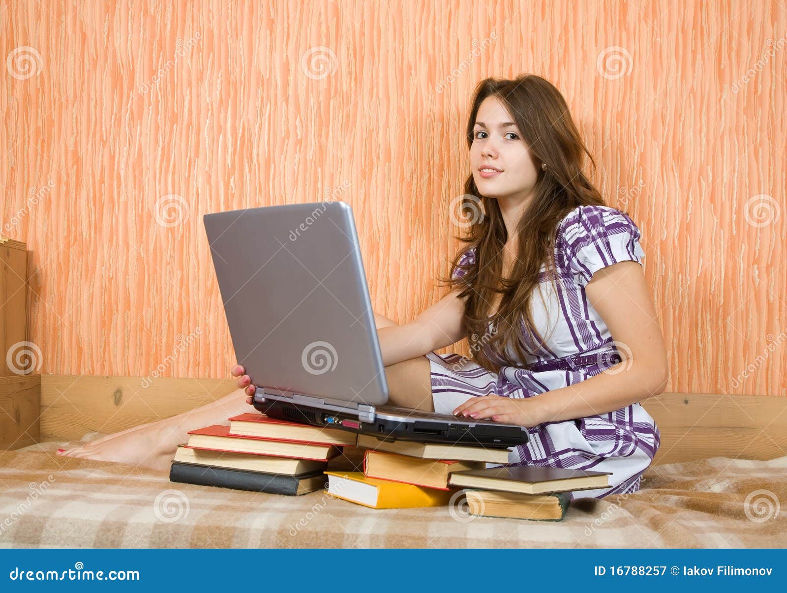 Girl sitting with laptop stock image. Image of cheerful - 16788257