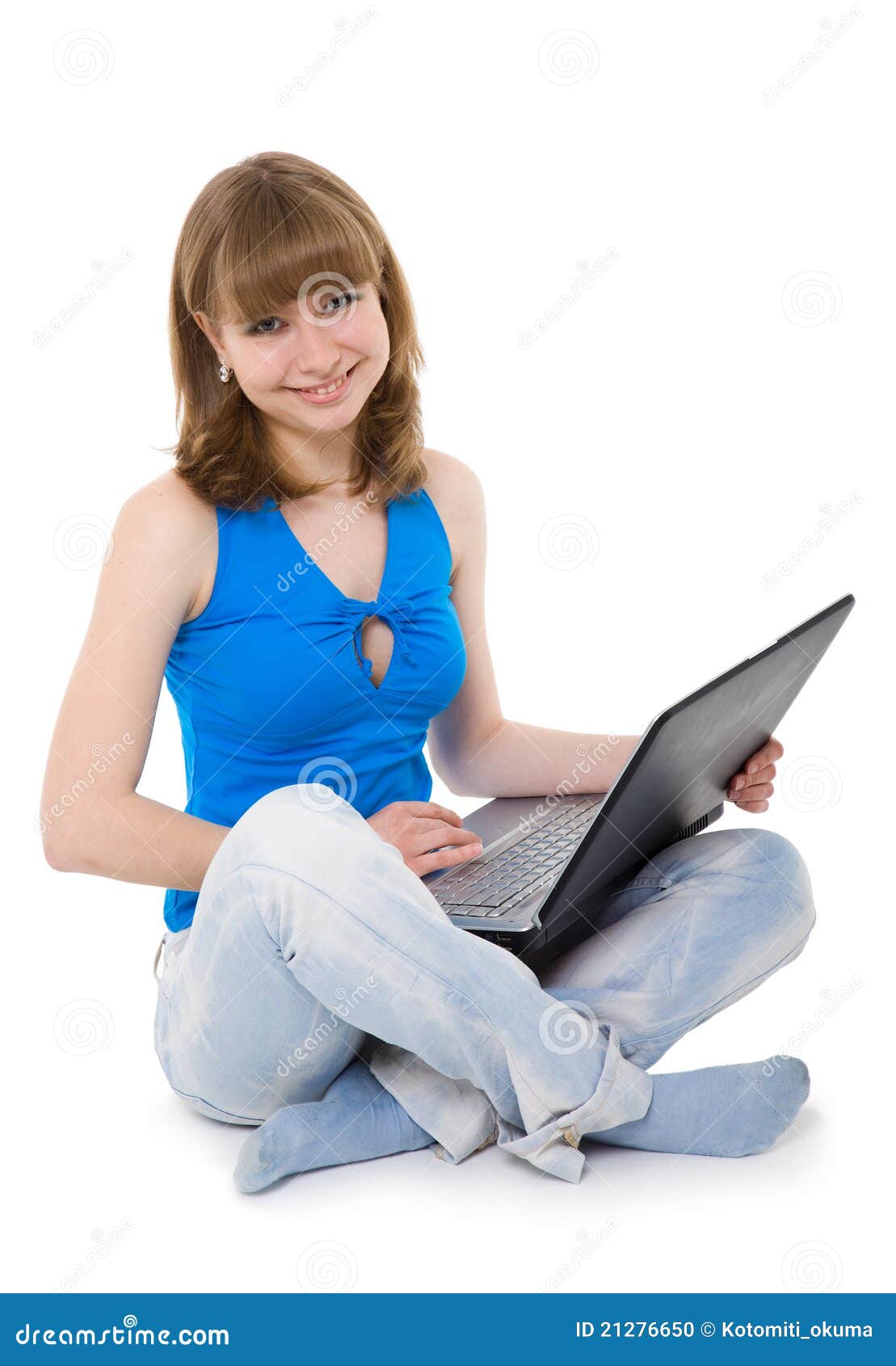Girl Sitting with a Laptop in Blue Jeans. Stock Photo - Image of nice ...