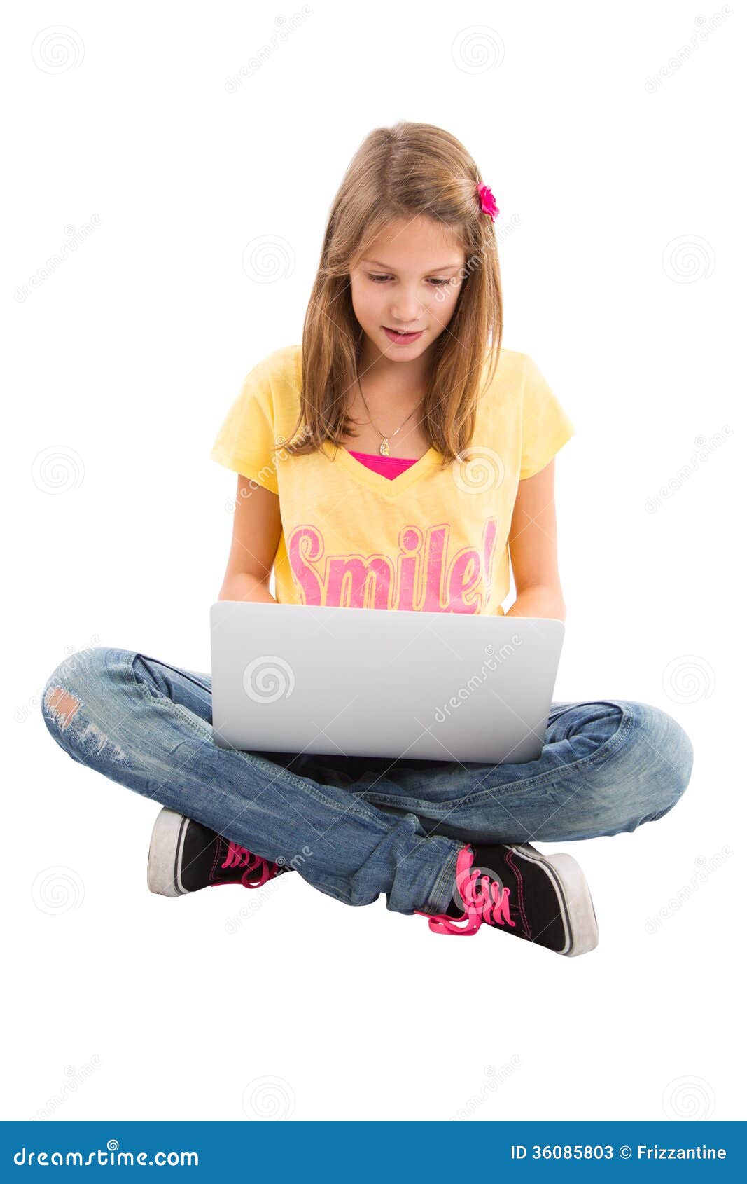 Girl Sitting with Laptop Isolated on White Stock Image - Image of ...