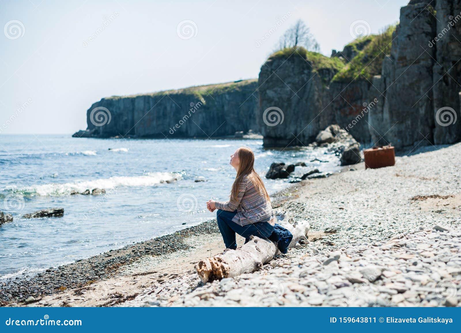 Girl sitting on a log stock image. Image of boulder - 159643811