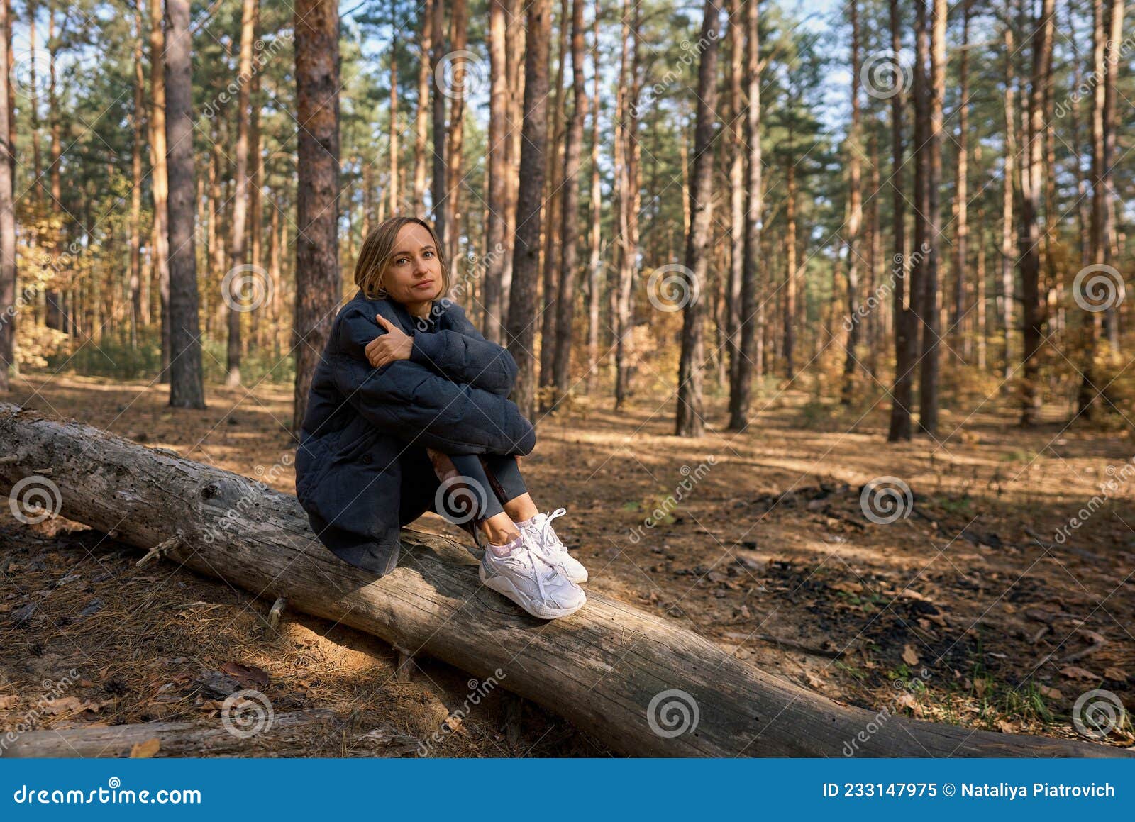 Girl Sitting on a Log in a Pine Forest in Autumn. Stock Image - Image ...