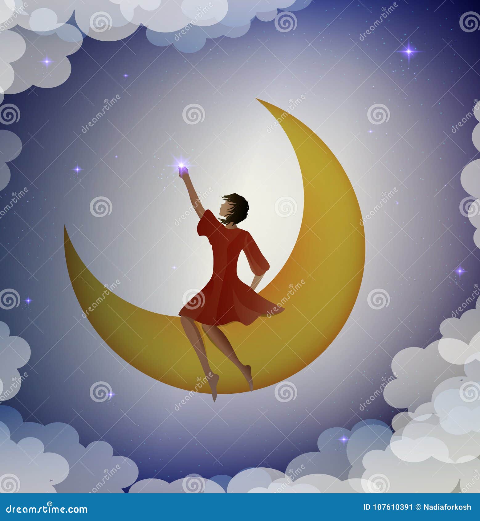 Girl Sitting on the Moon and Touching the Star, Stock Vector ...