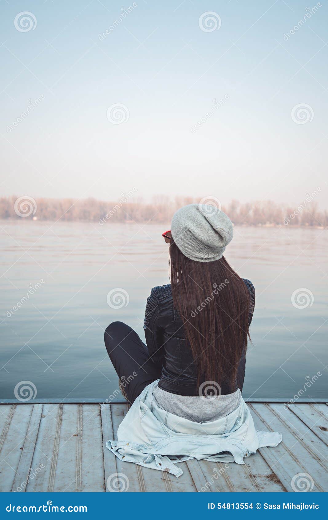 Girl Sitting on Pier and Looking at the River Stock Photo - Image of ...