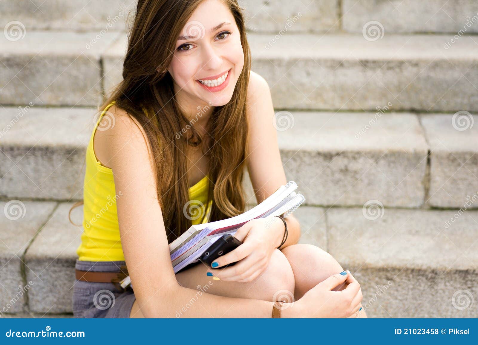 Girl sitting on stairs stock photo. Image of joyful, school - 21023458