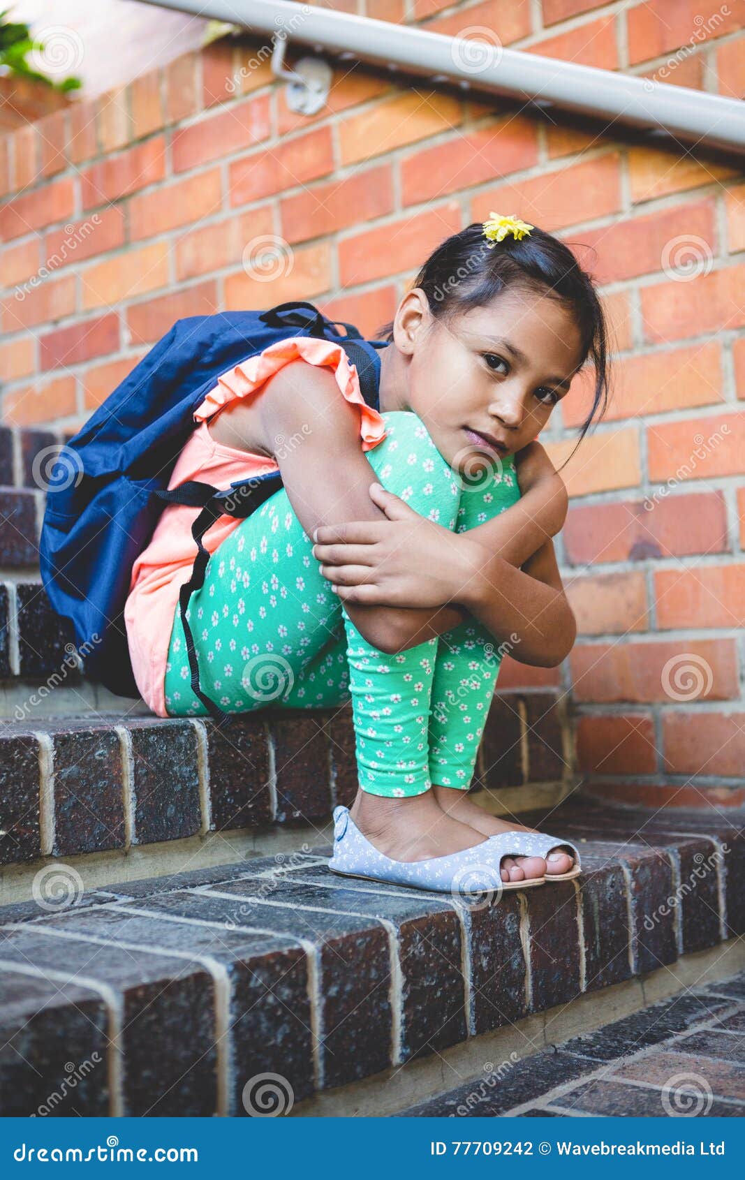 Girl Sitting on Steps at Corridor in School Stock Photo - Image of ...