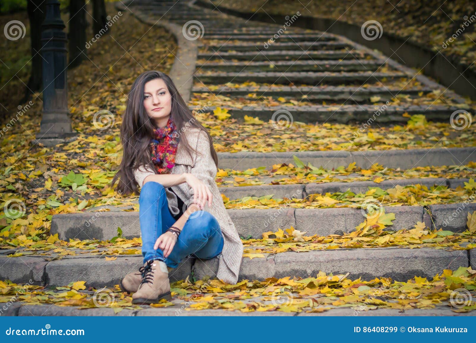 Girl Sitting on Stone Steps Stock Image - Image of fashion, park: 86408299