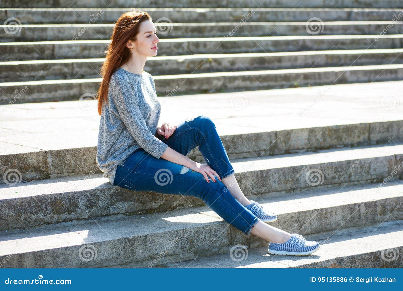 Girl Sitting on Stone Steps 01 Stock Photo - Image of brunette ...
