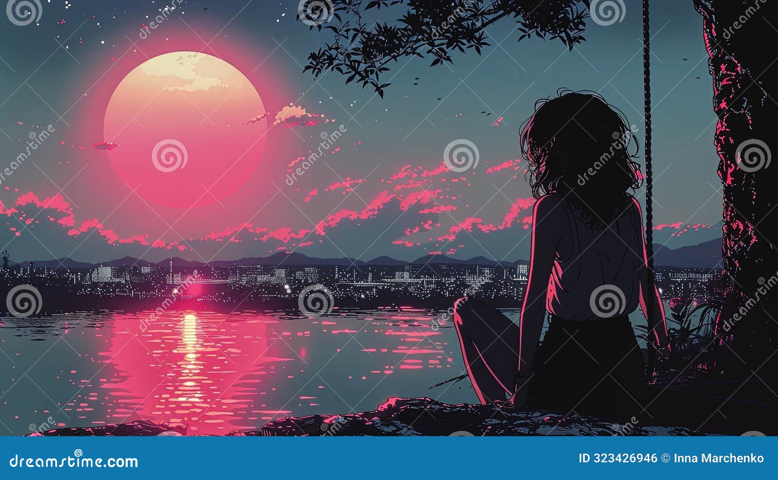 A Girl Sitting on a Swing in Front of a Red Moon. Stock Illustration ...