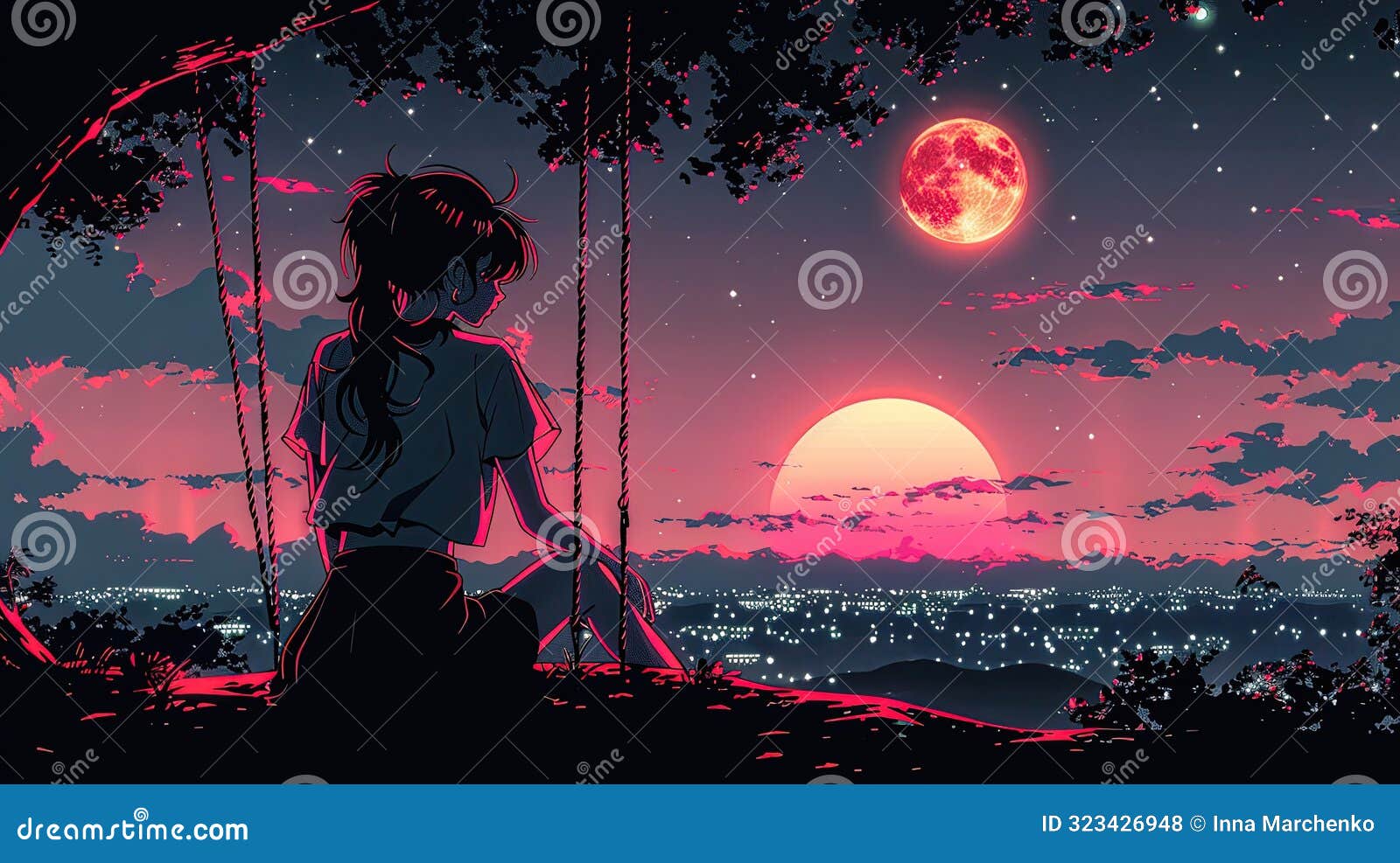 A Girl Sitting on a Swing in Front of a Red Moon. Stock Illustration ...