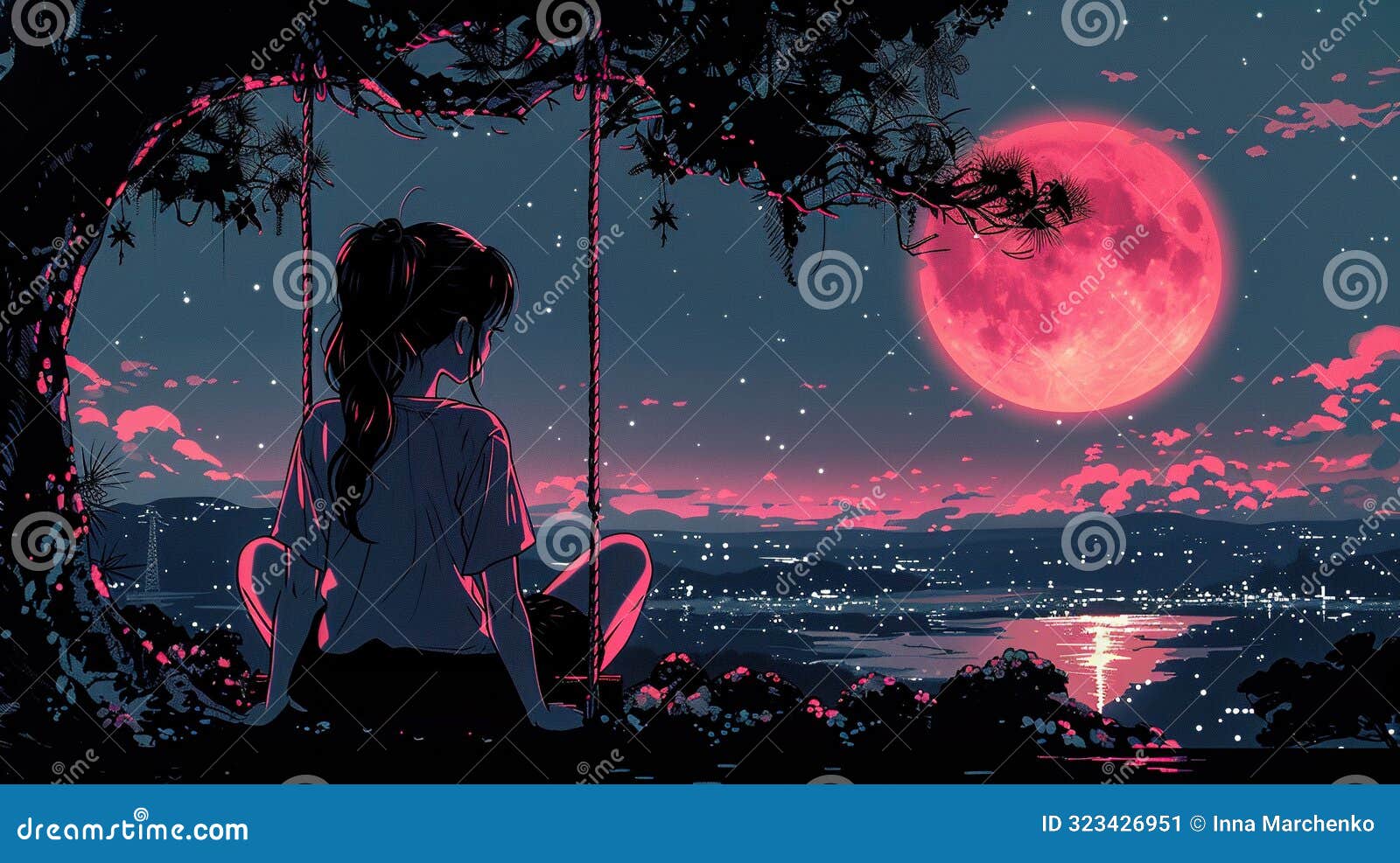 A Girl Sitting on a Swing in Front of a Red Moon Stock Illustration ...