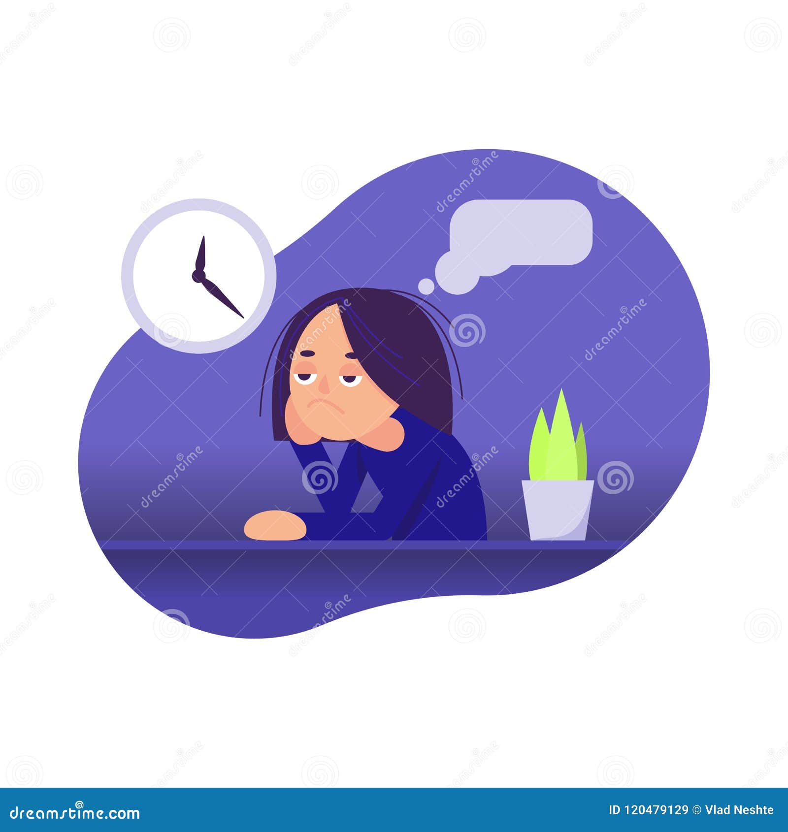 Girl is Sitting at the Table. Boring Face. the Girl Thinks Stock Vector ...