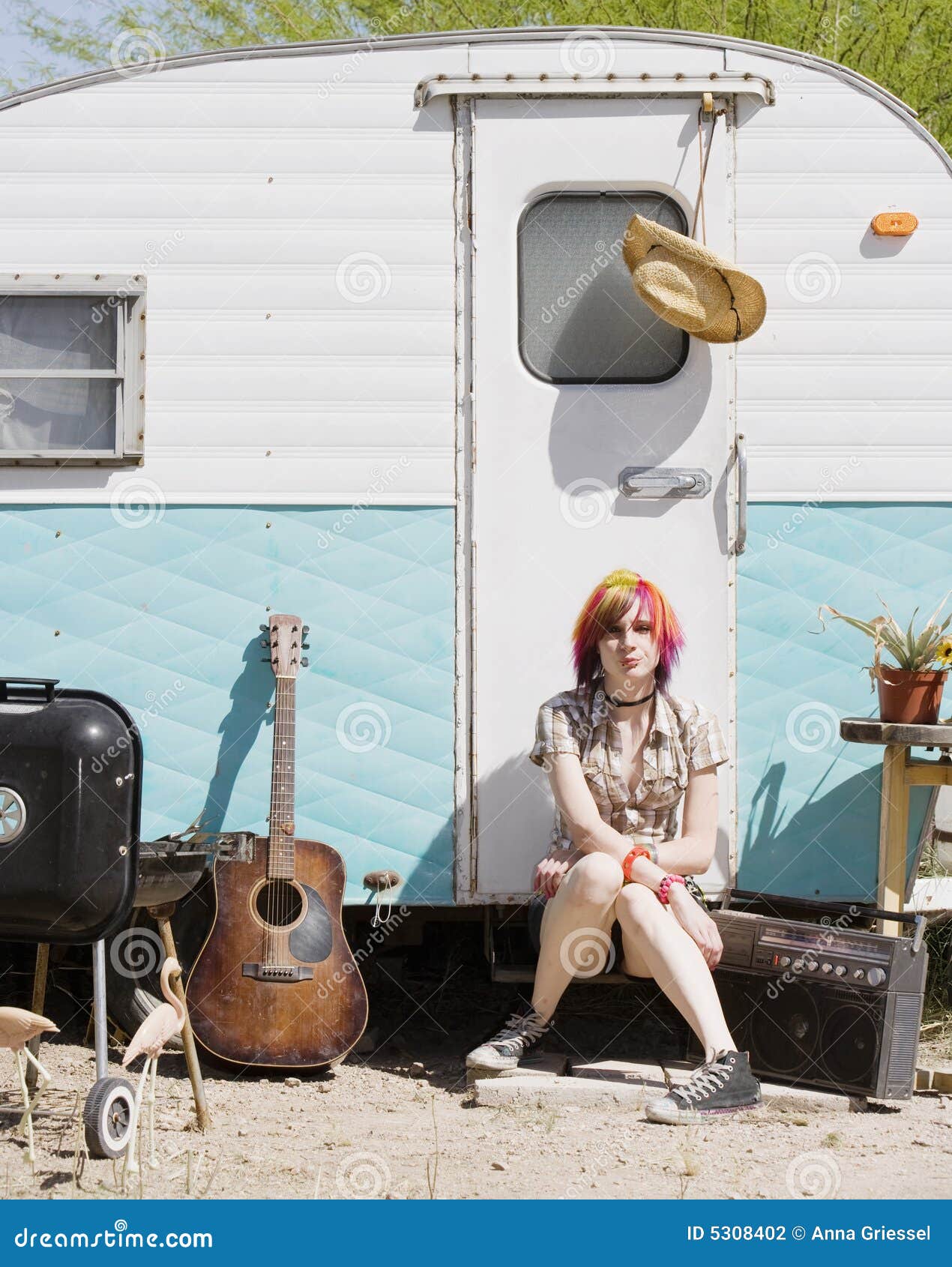 Girl Sitting on a Trailer Step Stock Photo - Image of barbecue, house ...