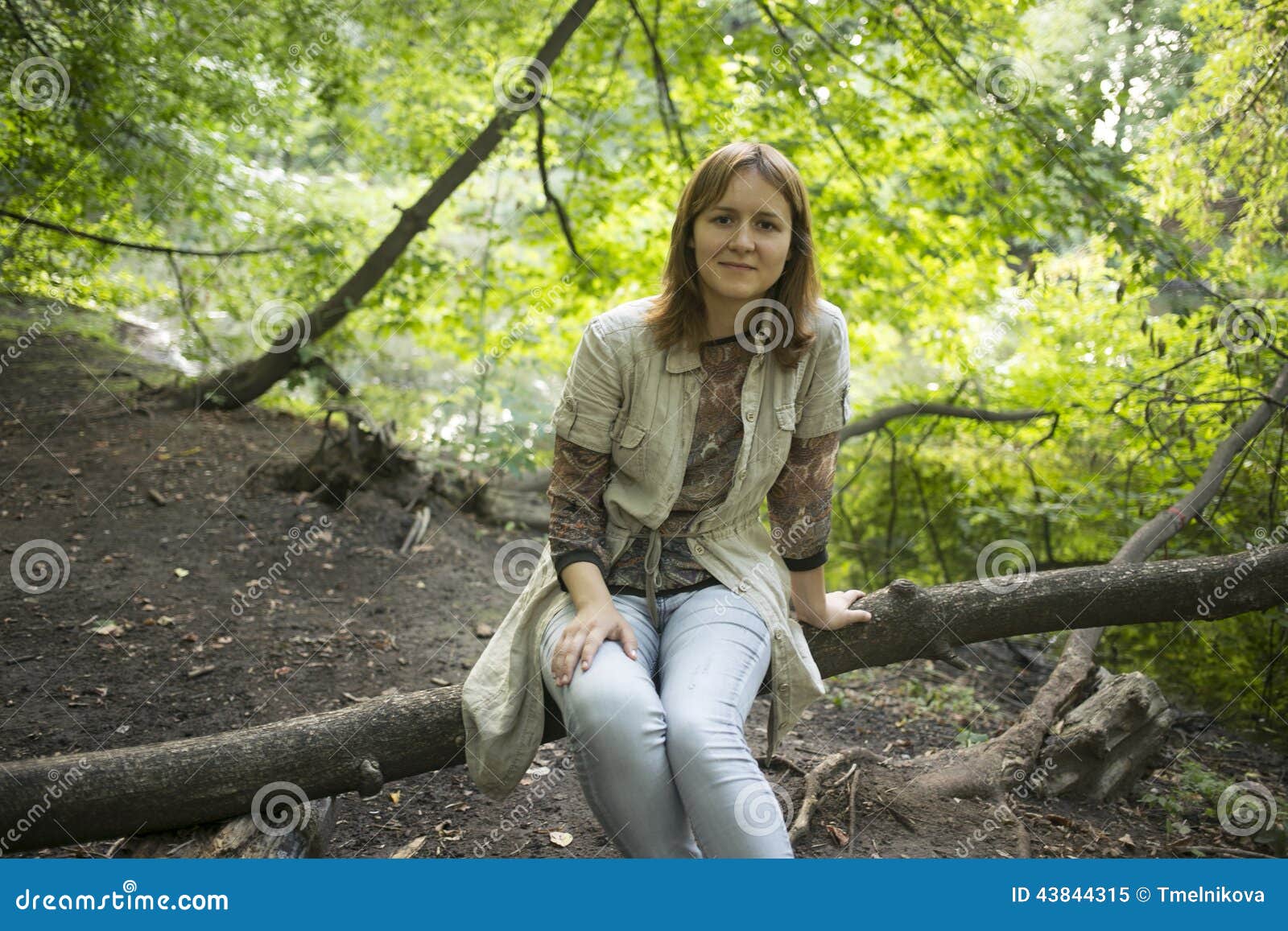 Girl Sitting at Tree Branch in Forest Stock Image - Image of vacation ...