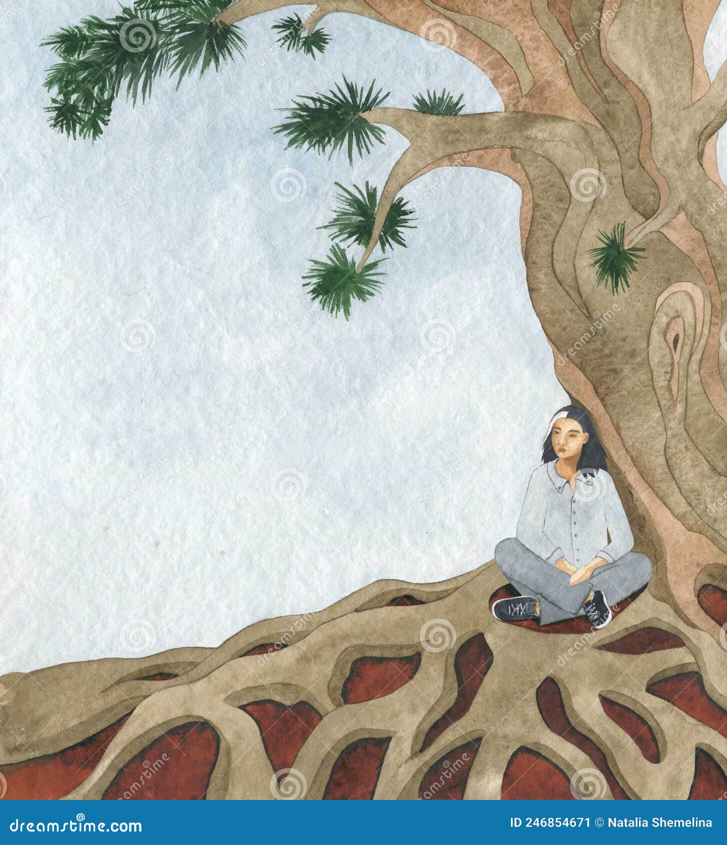 Girl Sitting Under a Tree, Watercolor Illustration Stock Illustration ...
