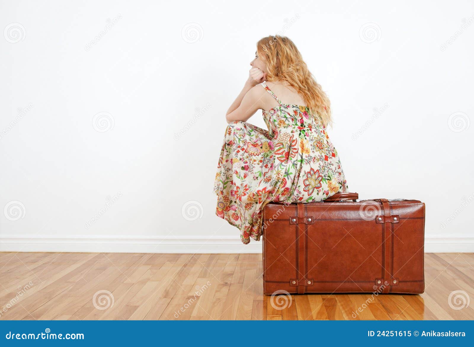 Girl Sitting on a Vintage Suitcase, Waiting Stock Image - Image of ...
