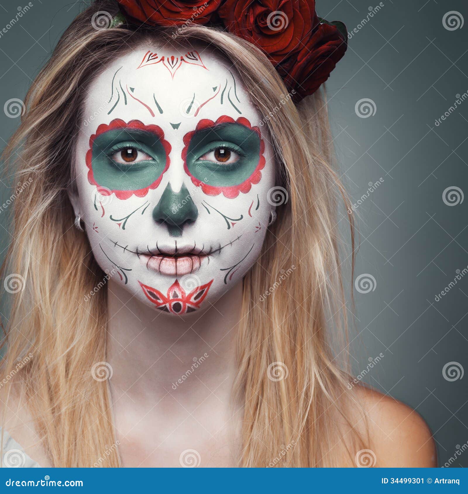 Girl with a Skull Face Makeup Stock Image - Image of floral, makeup ...