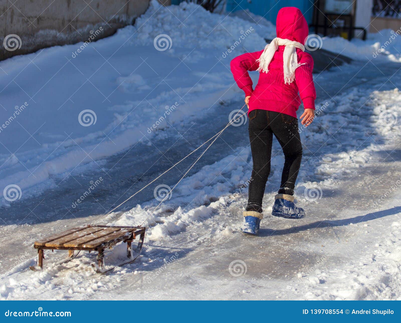 Girl with Sled in the Snow in Winter Stock Photo - Image of colorful ...