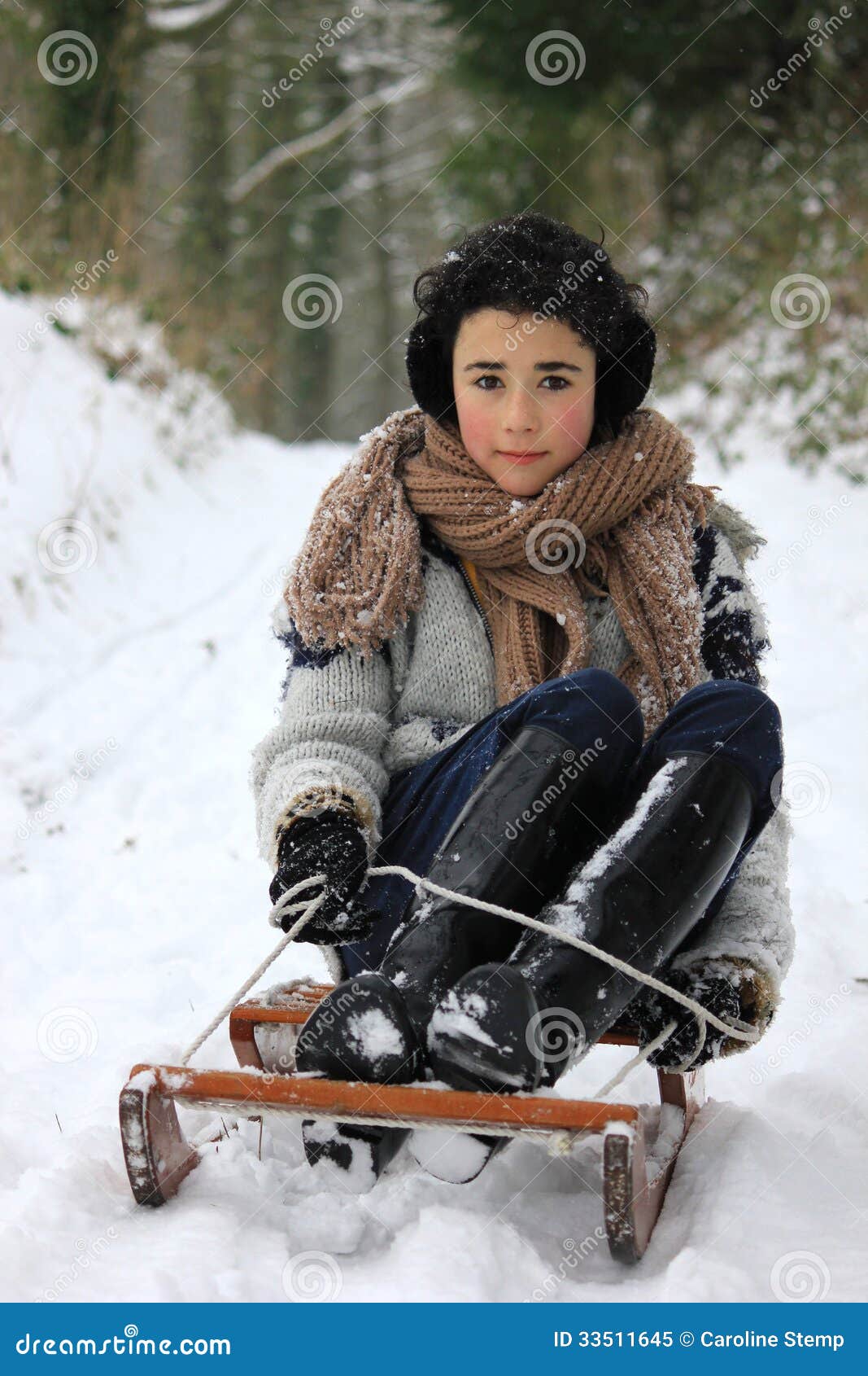 Girl on sledge stock image. Image of frost, sledding - 33511645