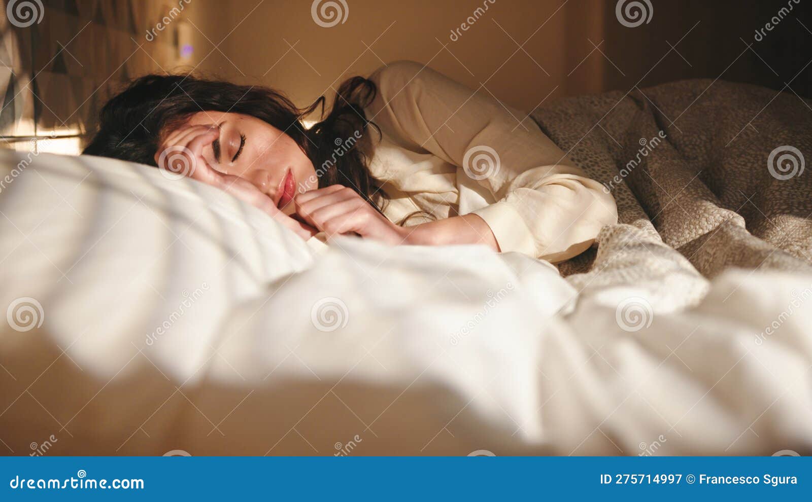 Girl Sleeping on Bed at Early Morning Stock Image - Image of bedroom ...