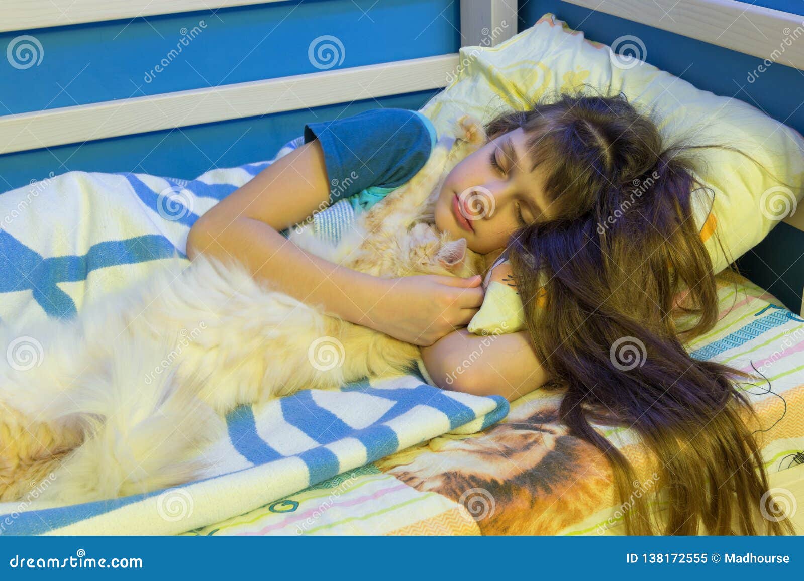 Girl Sleeping in a Crib with a Fluffy Cat Stock Image - Image of child ...