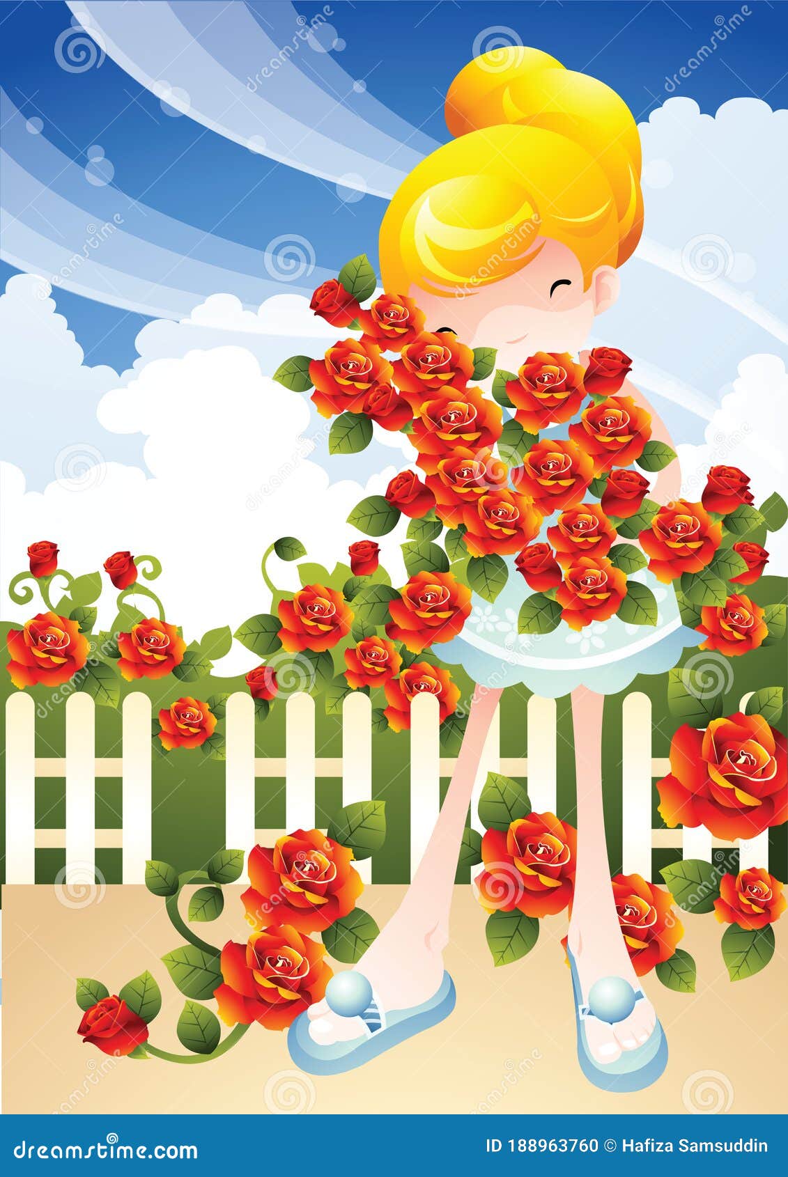 Girl Smelling Roses. Vector Illustration Decorative Design Stock Vector ...