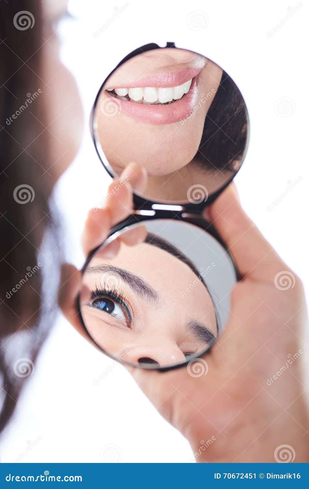 Girl Smile and Eye Reflection on Hand Mirror Stock Image - Image of ...