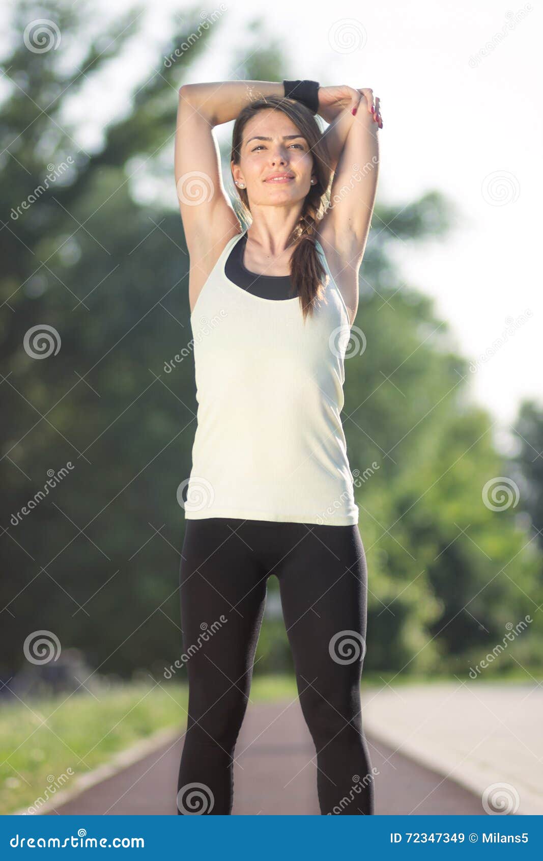 Girl smile stretch arm. stock image. Image of outdoors - 72347349