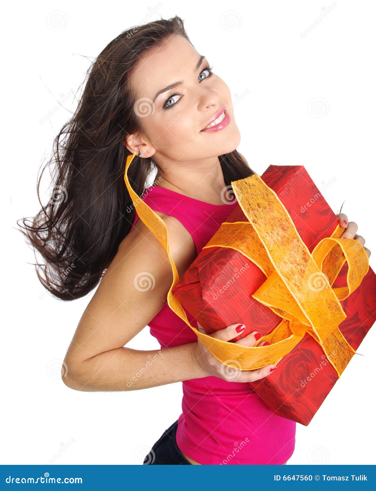 Girl Smiles and Holding a Gift Box Stock Photo - Image of anniversary ...