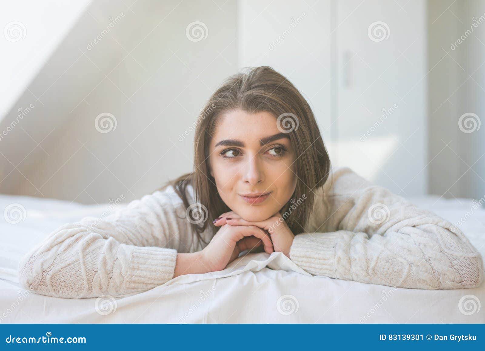 Girl smiling in bed stock image. Image of person, relaxation - 83139301