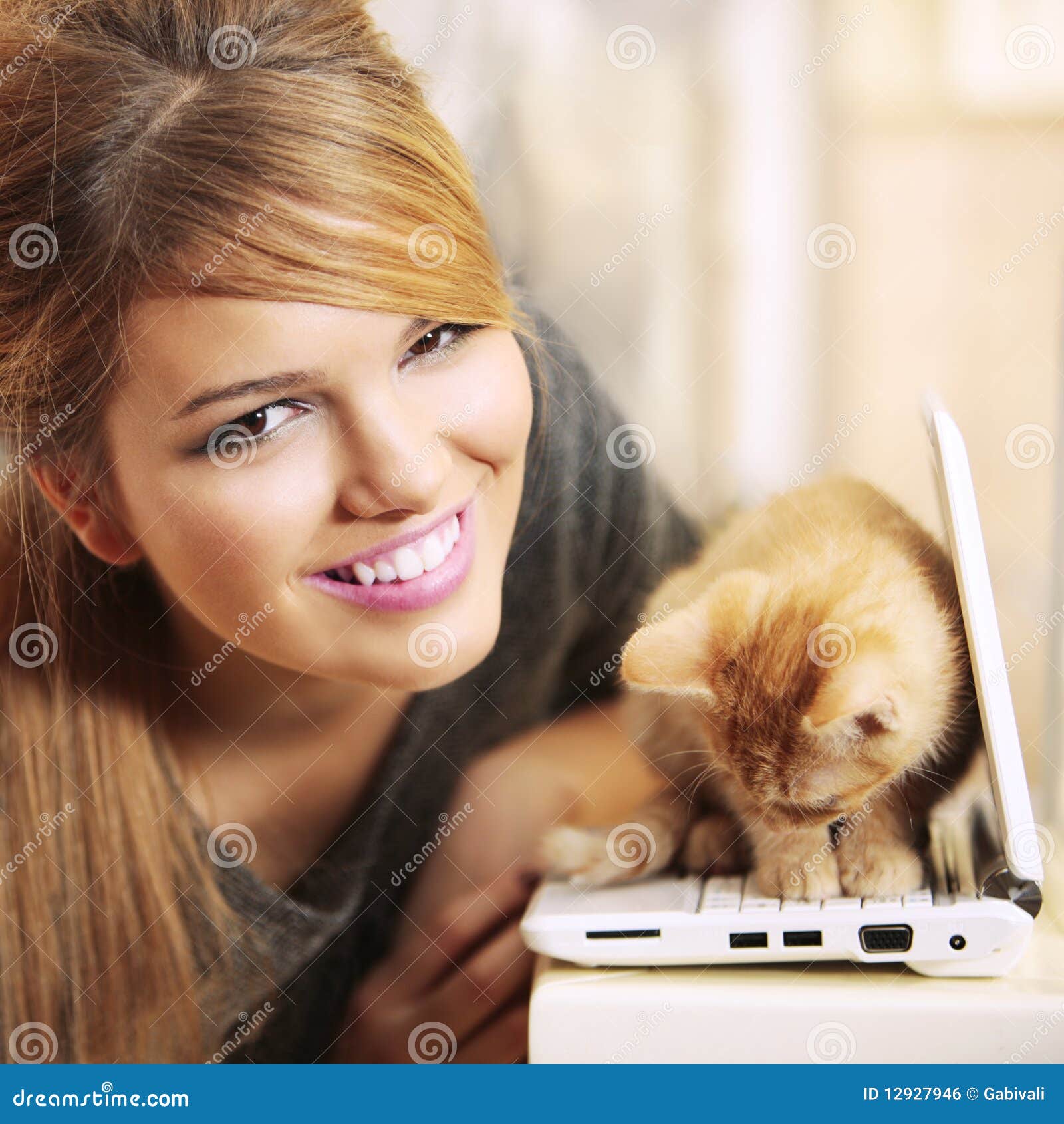Girl Smiling and Cat Kitten on Laptop Stock Photo - Image of girl ...