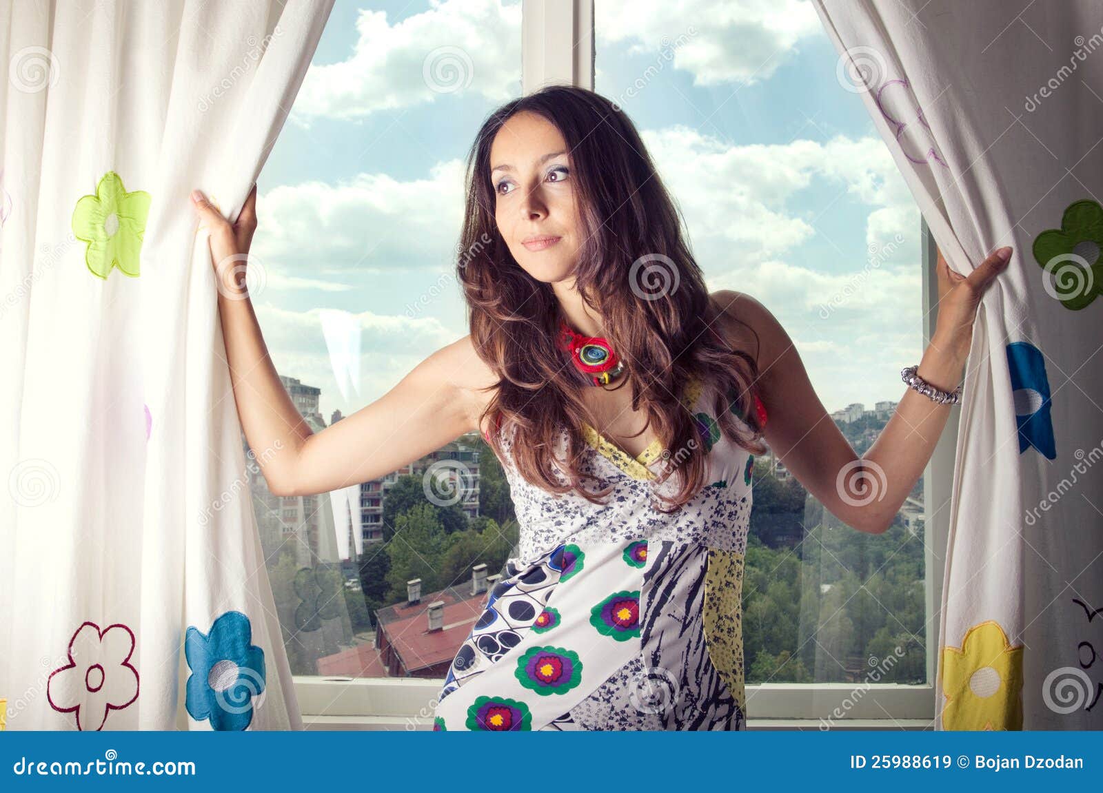 Girl Smiling in Front of Window Stock Image - Image of woman, cute ...