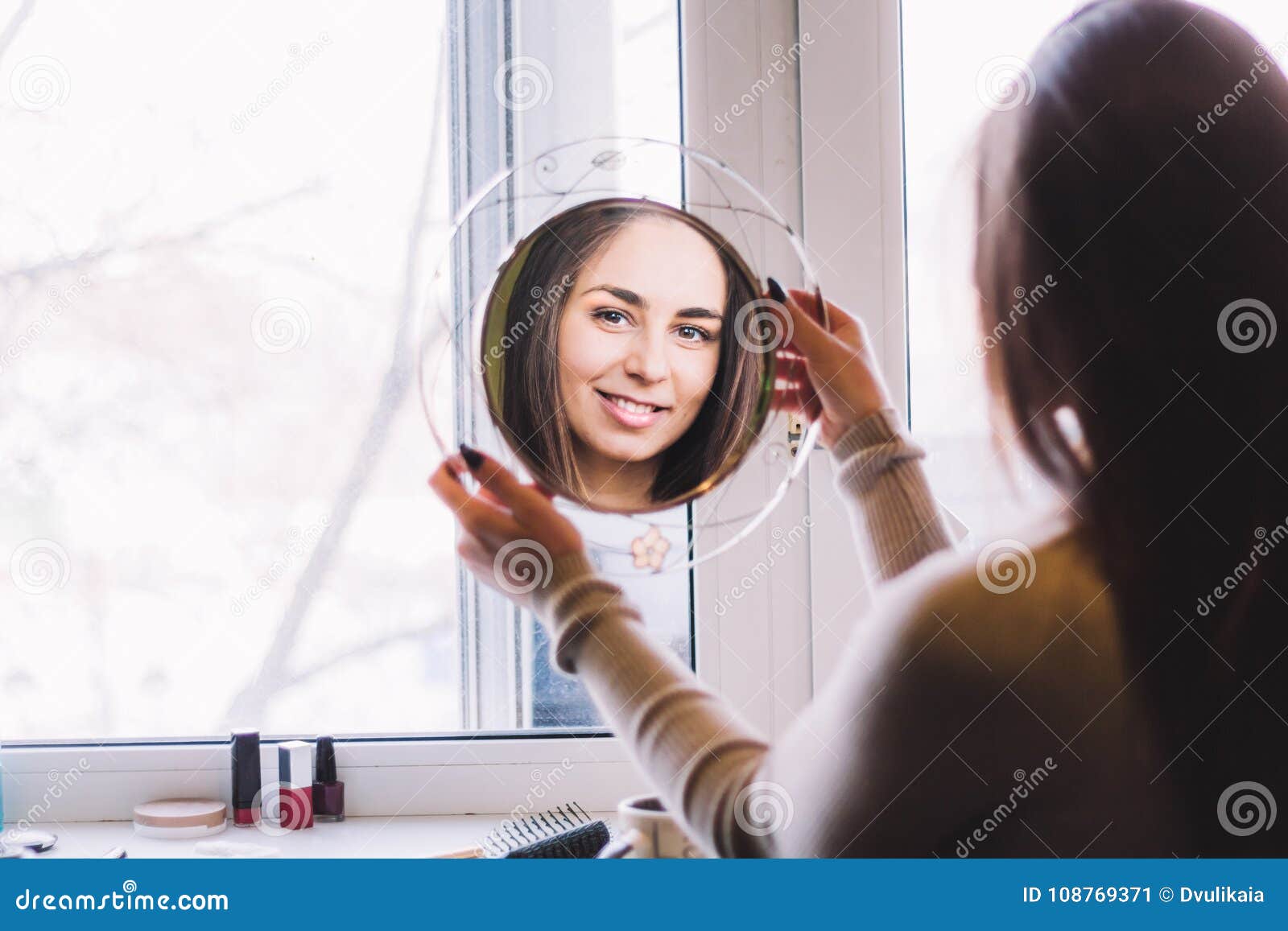 Girl Smiling Looking in the Mirror Stock Image - Image of date, nice ...