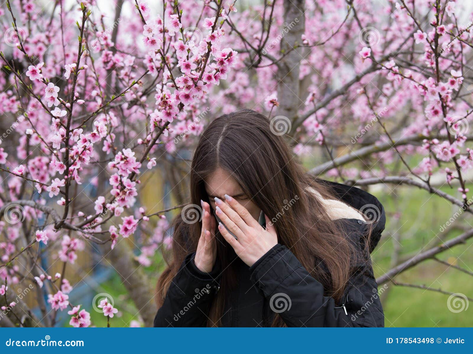 Girl Sneezing beside Blooming Tree Stock Photo - Image of flower ...