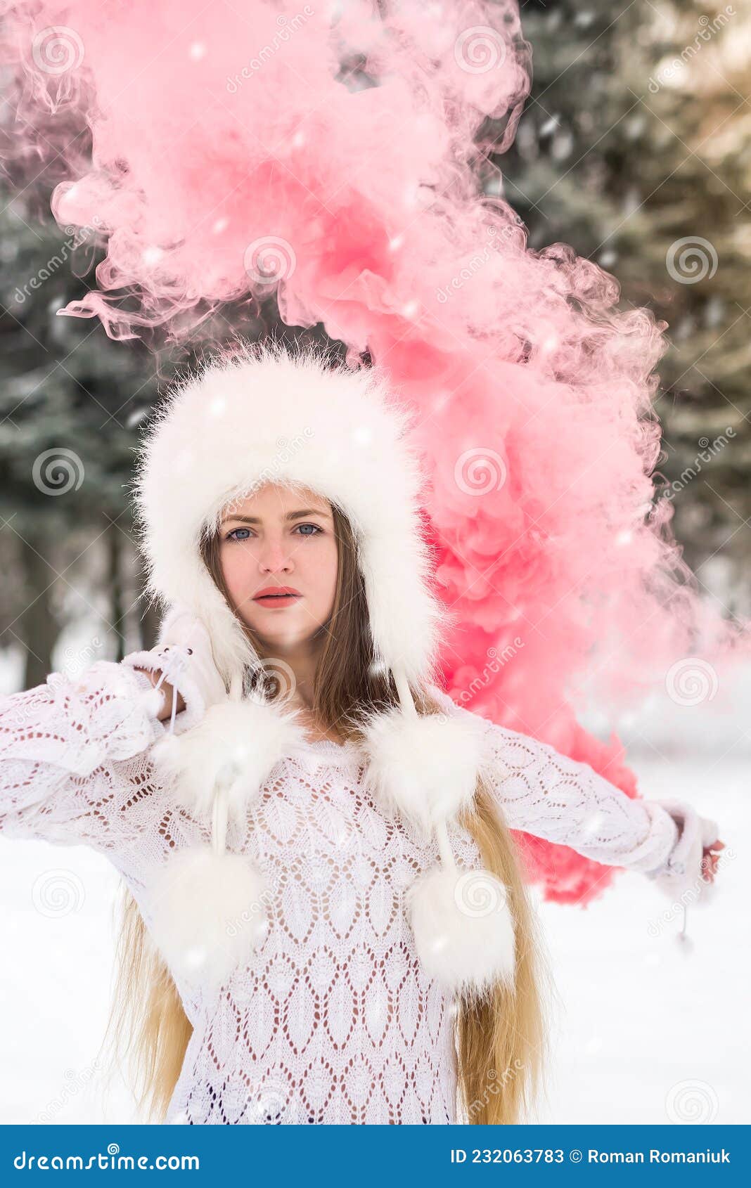 Girl in Snow Red Smoke Bomb in Winwer Forest Stock Image - Image of ...