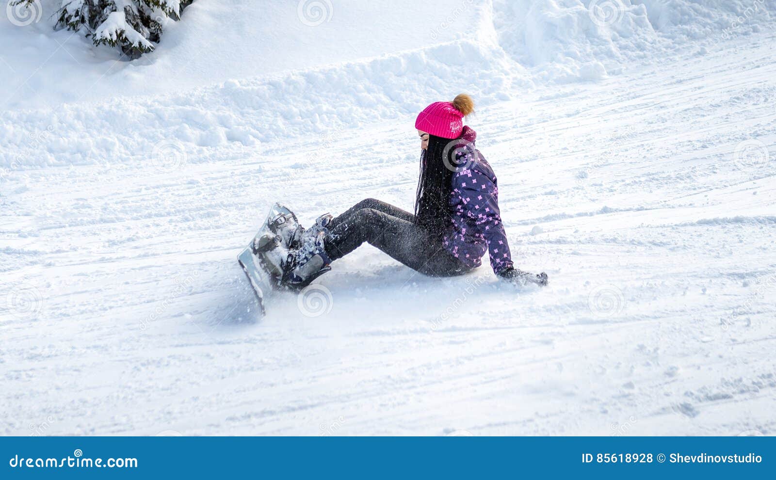 Girl Snowboarder Fell and Sitting on the Snow Stock Photo - Image of ...