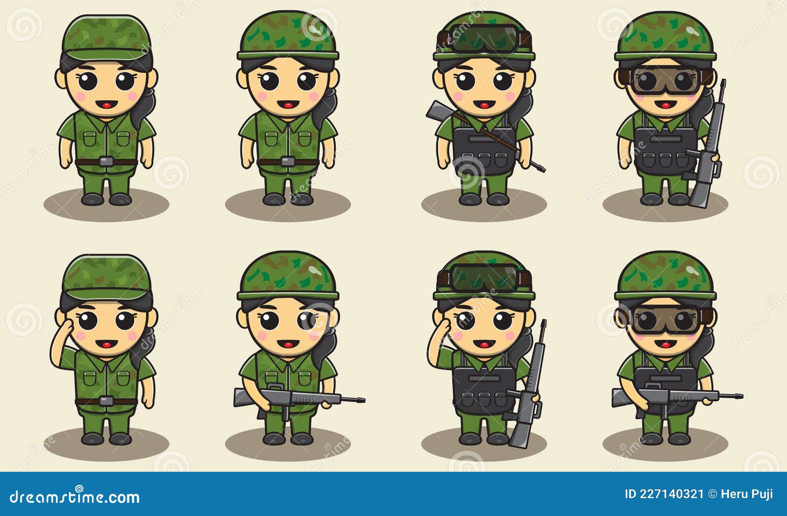 Vector Illustrations of Girls Dressed As Soldier. Stock Vector ...