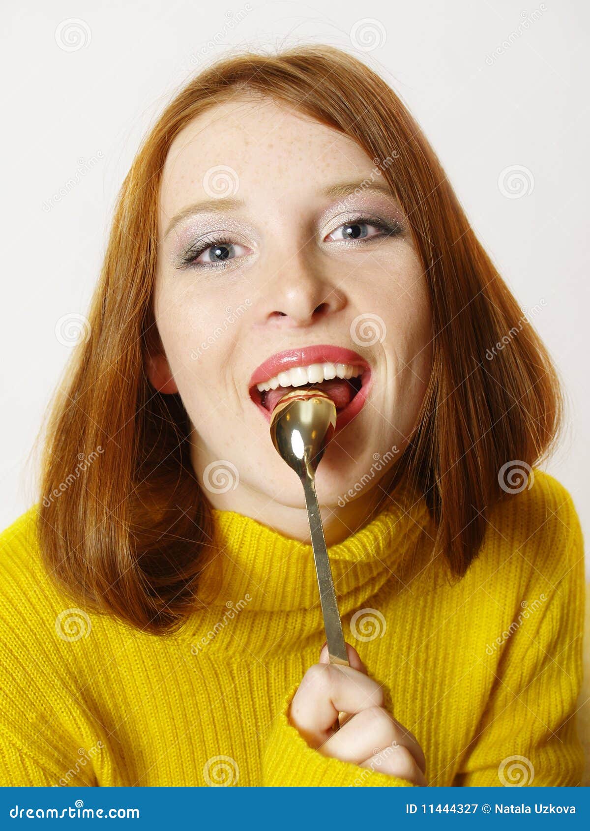 Girl with a spoon stock image. Image of home, cream, mouth - 11444327