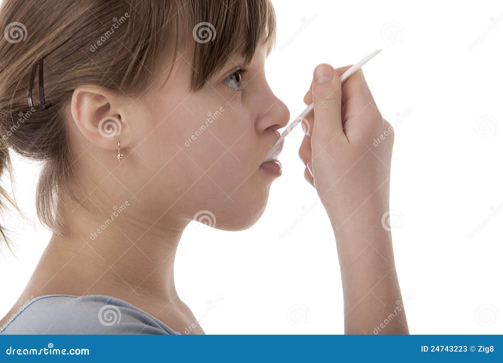 Girl with spoon on white stock image. Image of lunch - 24743223