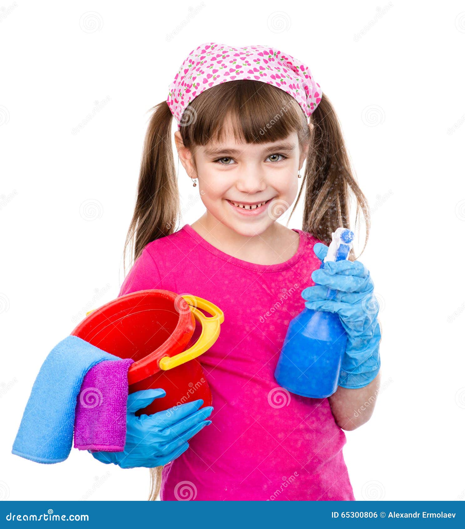 Girl with Spray in Hand Ready To Help with Cleaning on White Stock ...